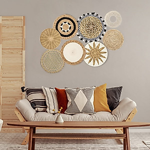 Set of 8 Wall Basket Decor Boho Wall Hanging Decor Rattan Wall Decor Flat Round Wicker Woven Macrame Tassels Tapestry Bamboo Wall Basket Serving Tray Art Handmade Set for Room Bedroom Living Room