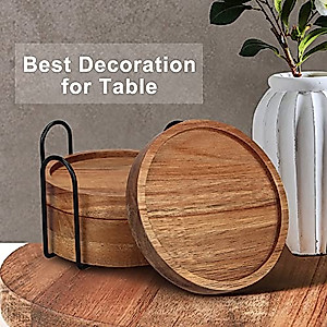 4 Pcs Best Wooden Coasters with Holder Cute Coasters Acacia Wood Drink Coaster Set Round Cool Beer Coaster Decor Beverage Cup Coasters Modern Bar Coasters Gift Best Coffee Table Coasters