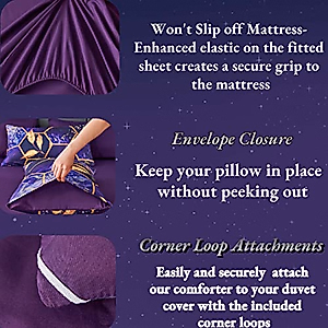 ANGIYUIN 7Pcs Bed-in-A-Bag Purple Gold Marble King Comforter Set with Sheets, 3D Geometric Hexagon Theme Decor Yellow Leaf Bedding Set, Modern Foil Print Duvet Insert for All Season (Purple King)