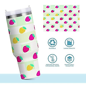 RPLIFE Yellow Pink Strawberry Stripes Tumbler Cup, Stainless Steel Bottle, Straw Water Bottle