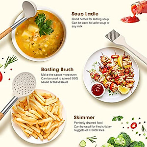 AHNR 33 Pcs Silicone Cooking Utensils Set, 446°F Heat Resistant Kitchen Utensils, Spatula, Spoon, BPA Free Wooden Handle Silicone Kitchen Gadgets Utensil Set with Holder for Non-Stick Cookware Khaki