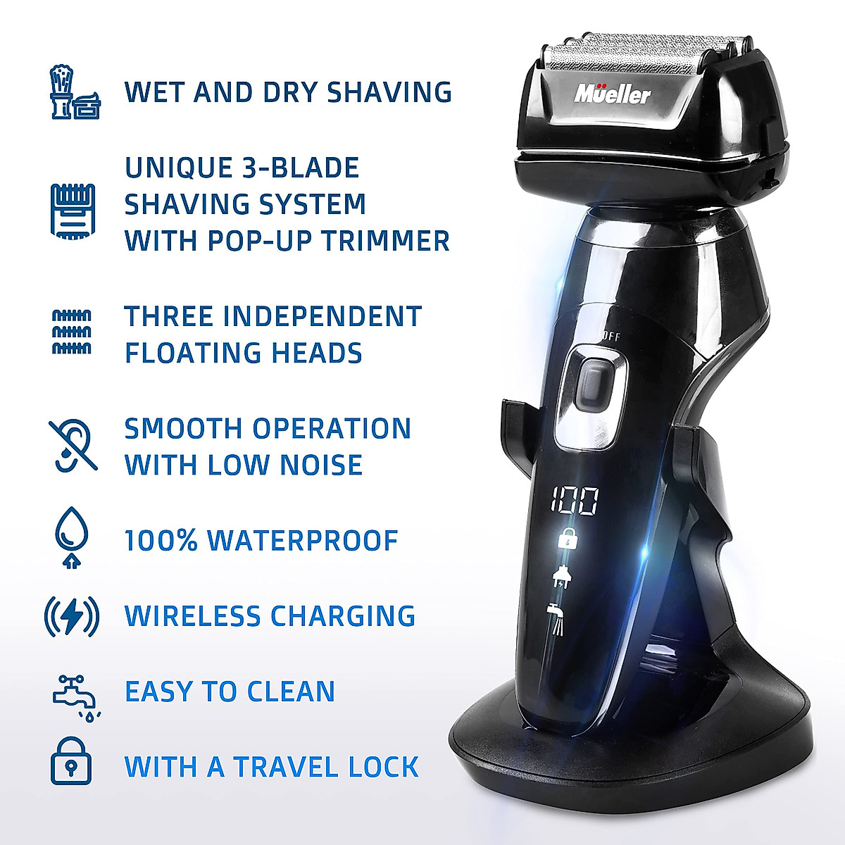 Mueller Razor for Men, 5-Element Cutting System, Wet/Dry, Rechargeable, Precision Trimmer, LED, 40,000 Cross-Cutting Actions/Min For Closest Shave