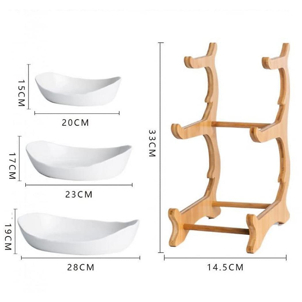 XUDREZ 3 Tier Fruit Basket for Kitchen Counter, 11"*8.6"*13" Ceramic Fruit Bowl for Kitchen Counter, Large Capacity Fruit Bowl Set with Holder, Bamboo Fruit Serving Tray (Porcelain)