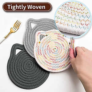 YONOVO 7" Cotton Trivets Set, 3Pcs Cute Cat Ear Pot Holders Woven Hot Pads Mats Thick Heat Resistant for Hot Pots and Pans Round Hot Plate Holder Washable Potholders Kitchen Farmhouse Rustic Gift