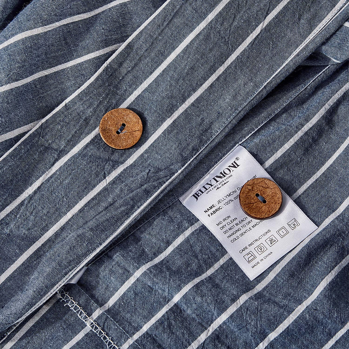 JELLYMONI Pinstriped 100% Washed Cotton Linen Like Duvet Cover Set, 3 Pieces Luxury Soft Bedding Set with Buttons Closure, Blue Stripes Pattern Printed Duvet Cover King Size(No Comforter)