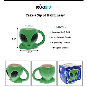 MUGNIV Novelty 3D Green Alien Mug - Cute Cute Coffee Mugs for Women and Men, Funny Coffee Mug Space Gift for Coffee Lovers, Cool Alien Head Fun Glassware Ceramic Mug for Hot and Cold Drinks - 17 Oz