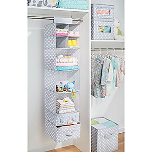 mDesign Soft Fabric Over Closet Rod Hanging Storage Organizer with 7 Shelves and 3 Removable Drawers for Child/Kids Room or Nursery - Polka Dot Pattern - Light Gray with White Dots