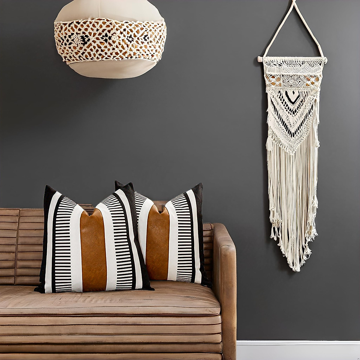 Vfuty Set of 2 Striped Boho Throw Pillow Covers 16x16 inch, Modern Leather Pillow Cover for Couch Sofa Bed, Farmhouse Decor Patchwork Accent Pillowcase, Black