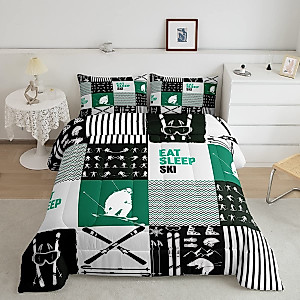 Erosebridal Ski Bedding Full Size,Skiing Comforter Sets for Teens Adult,Ball Game Patchwork Quilt for Gift,Geometry Eat Sleep Ski Artwork Inner Fill with 2 Pillowcases Bedroom Decor