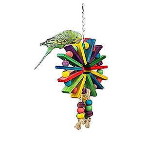 Parrot Hanging Chew Toy Bird Bite Swing with Colorful Wood Beads Bells for Parrot Macaw African Greys Cockatiels Cage Accessories (Colorful Wood Toy)
