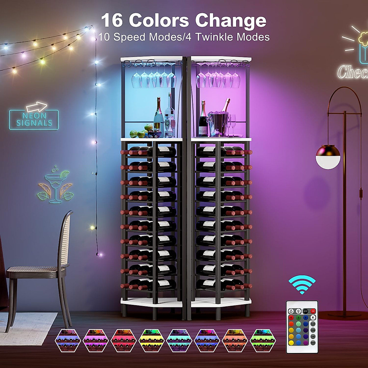 Homeiju Corner Wine Rack with Glass Holder and Led Strip Light, Corner Bar Wine Racks Free Standing Floor, Industrial Corner Bar Cabinet for Kitchen, Dining Room, Living Room or Cellar