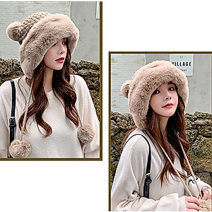 Winter Pompom Beanie Hats for Women Fluffy Knit Womens Beanie Faux Fur Crochet Skull Cap Warm Bucket Outdoor Ear Cover Khaki