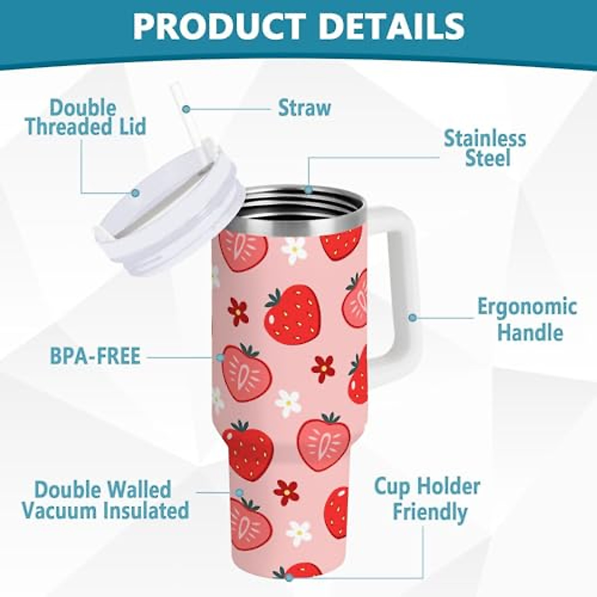 ARGTILDN 30 oz Tumbler Strawberry Flower Cartoon Insulated Travel Mug with Handle and Straw Lid Stainless Steel Vacuum Coffee Cup Tea Beverage Container Water Bottles for Car Sports office