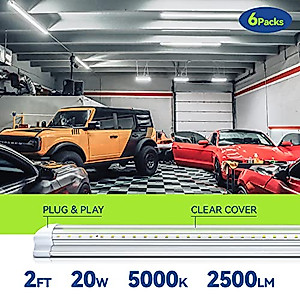 Monios-L LED Shop Light 2FT 20W, Linkable Utility Ceiling Lights,V-Shaped 2500lm 5000K Daylight,T8 Integrated Fixtures LEDs Tubes, Garage Lighting for Workshop,Work Bench,Basement,Plug & Play 6-Pack