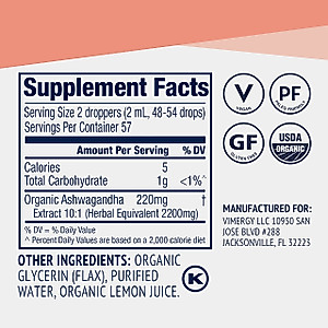 Vimergy USDA Organic Ashwagandha Liquid Extract, Trial Size - 27 Servings – Stress Supplement Drops – Adaptogen - Supports Cognitive Function – Sleep Support – Alcohol-Free, Non-GMO, Vegan (55 ml)