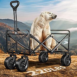 YITAHOME Folding Wagon w/Table Plate, Large Capacity Collapsible Wagon Cart, Adjustable Handle Height Foldable Utility Garden Cart, Outdoor Beach Wagon for Camping, Shopping, Sports, Garden - Black