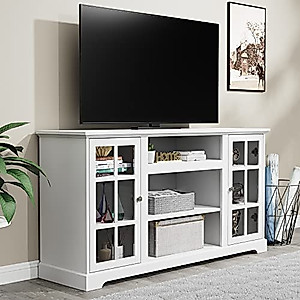 LGHM White TV Stand, Entertainment Center for 65 inch TV, 58" Modern Farmhouse TV Stand with Glass Door, Tall TV Console or Storage Cabinet and Sideboard Buffet
