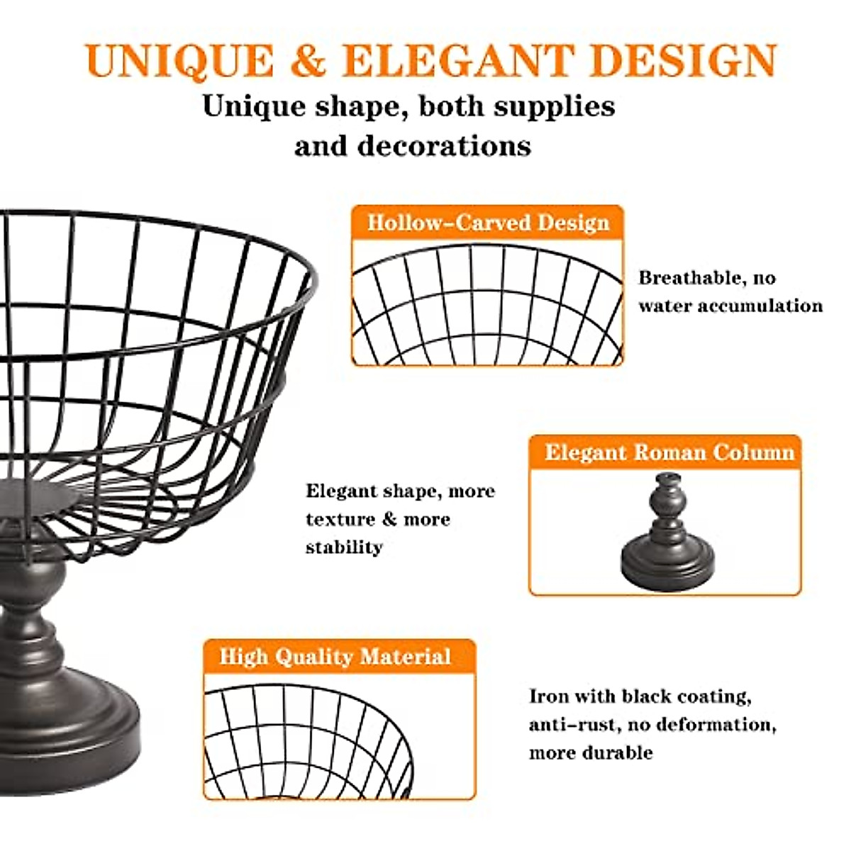 Black Fruit Basket for Kitchen, 2 Pack Metal Fruit Bowl for Kitchen Counter, Decorative Black Wire Baskets with Detachable Non-Slip Pedestal, Fruit Holder for Vegetable Bread Storage (11” & 8.7 “)