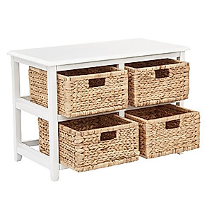 OSP Home Furnishings Seabrook Storage Tower with Solid Wood Frame and Natural Baskets, 2-Tier, 4-Drawer, White Finish