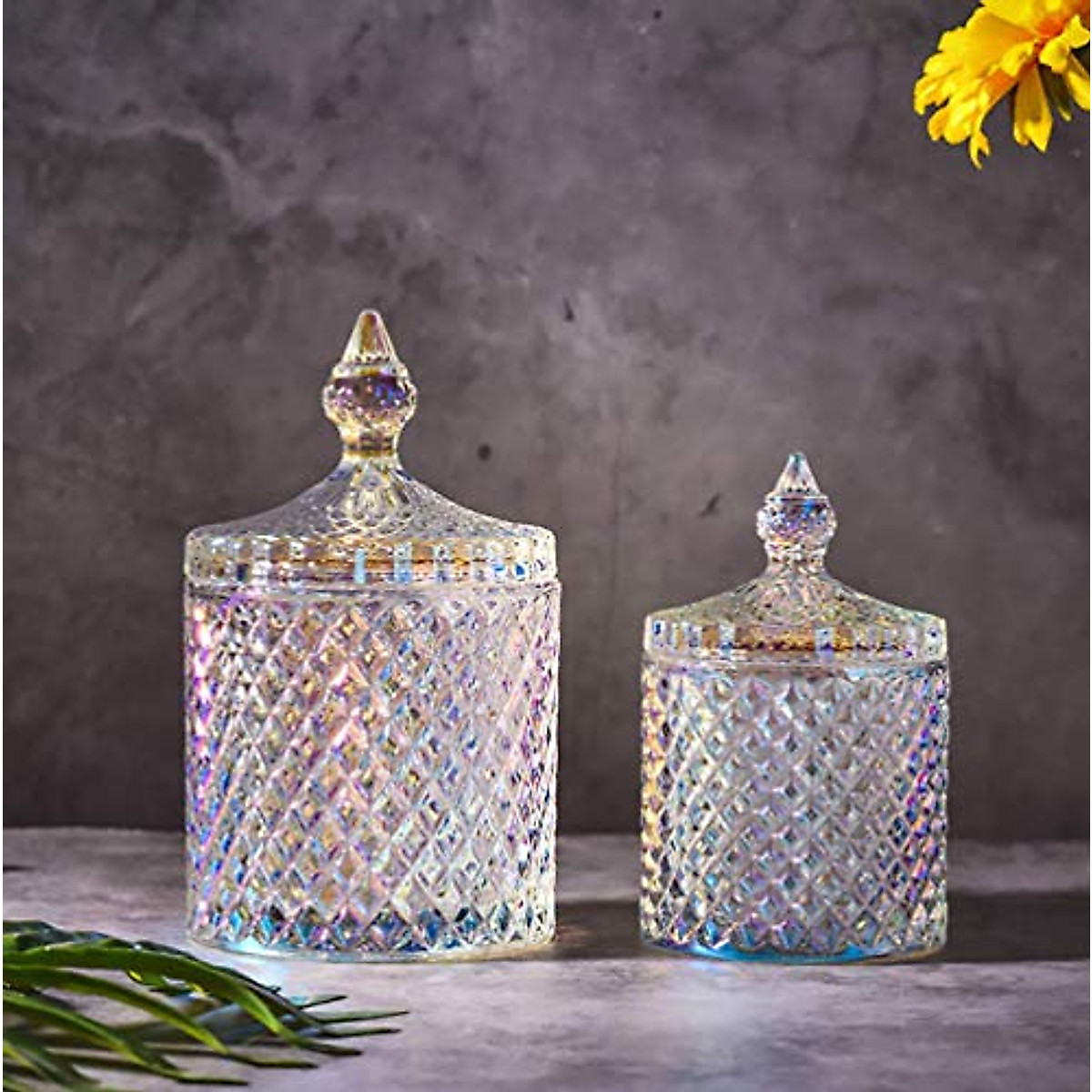 erioctry 300m/10oz Beautiful Crystal Glass Candy Dish with Lid Colorful Wedding Candy Box Sugar Bowl Tin Biscuit Barrel Decorative Jewelry Box