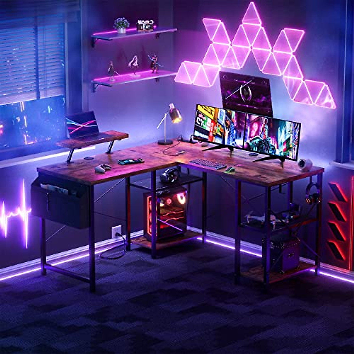 Aheaplus L Shaped Desk with Outlet and USB Charging Port, L-Shaped Desk with Storage Shelves Reversible Corner Computer Desk 2 Person Long Table with Monitor Stand Gaming Home Office Desk,Rustic Brown