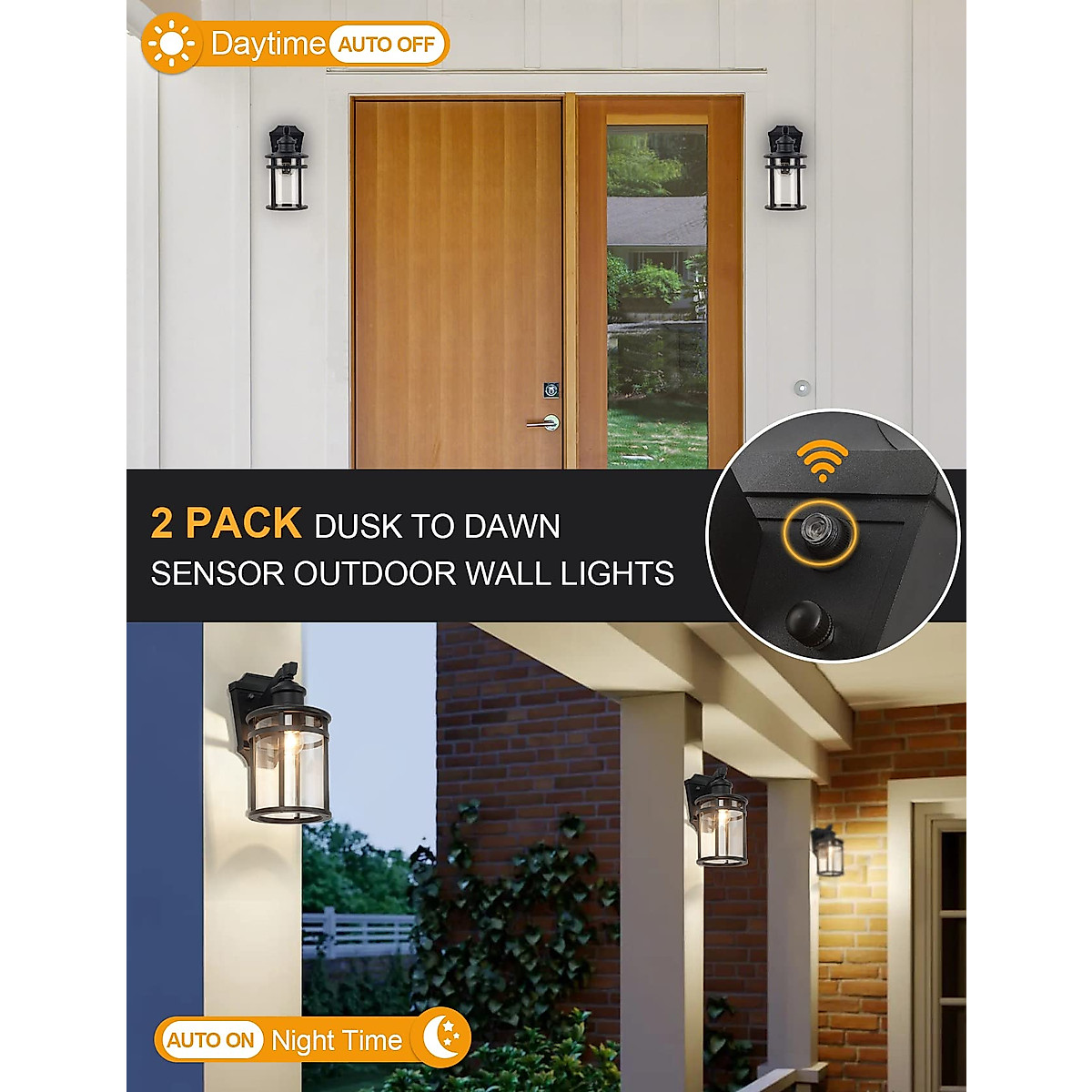 KXIEMRS 2-Pack Dusk to Dawn Sensor Outdoor Wall Lantern, Exterior Wall Mount Light Fixture, Matte Black Metal Wall Sconce with Clear Glass, E26 Base Waterproof for Backyard, Entryway, Garage, Garden…