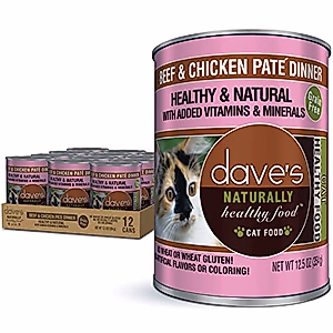Dave's Pet Food Grain Free Wet Cat Food (Beef & Chicken Pate), Made in USA Naturally Healthy Canned Cat Food, Added Vitamins & Minerals, Wheat & Gluten-Free, 12.5 oz (Case of 12)
