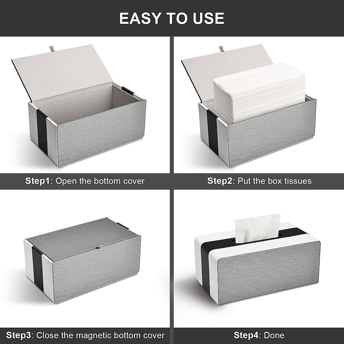 Tissue Box Cover, New PU Leather Kleenex Box Covers Rectangular Tissue Holder for Home/Office/Car Decoration 9.84"X5.59"X4.13" - Elegant Black&White