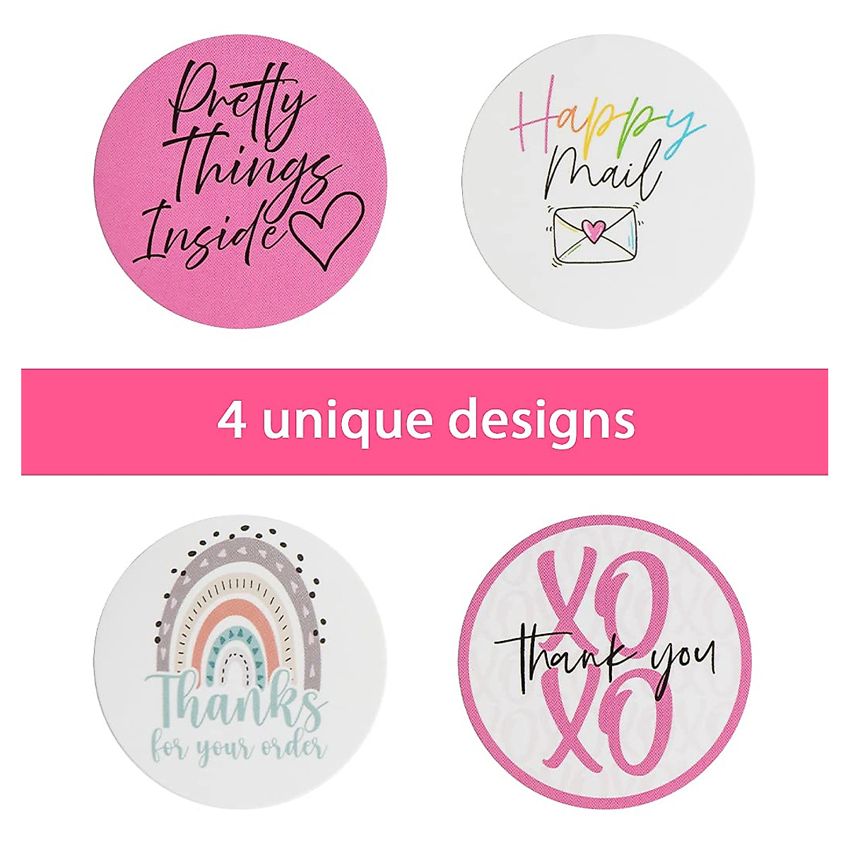 Assorted Cute Packaging Stickers - Roll of 500 - Four Fun Designs - 1.5" Round Glossy Sealers for Small Business - Happy Mail - Thank You for Your Business/Pretty Things Inside