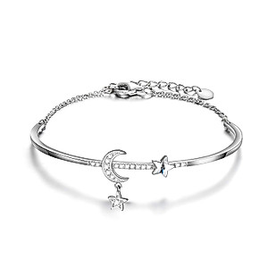 AOBOCO Sterling Silver Crescent Moon Star Bangle Bracelet Embellished with Crystals from Austria, Hypoallergenic Silver Moon Jewelry Anniversary Birthday Gifts for Women Wife(New Version)