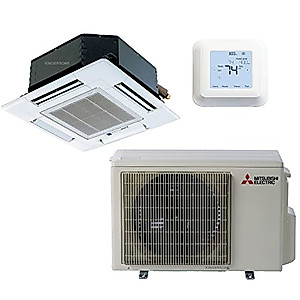 Mitsubishi 12,000 BTU 1 TON Four Way Ceiling Cassette Single Zone Mini Split System - SEER 22 AC & Heat Pump Ductless Ceiling Recessed Cool & Heat