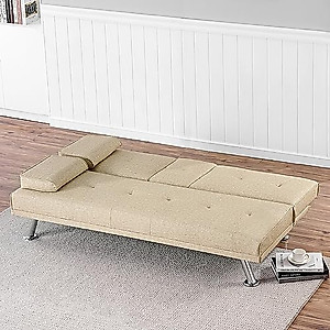 JCSTEU 67" Leather Sofa Bed with Cup Holder, Folding Sleeper Loveseat Couch with Adjustable Backrests, Convertible Loveseat Sofa for Living Room, Apartment,600 LBS Support (Beige)