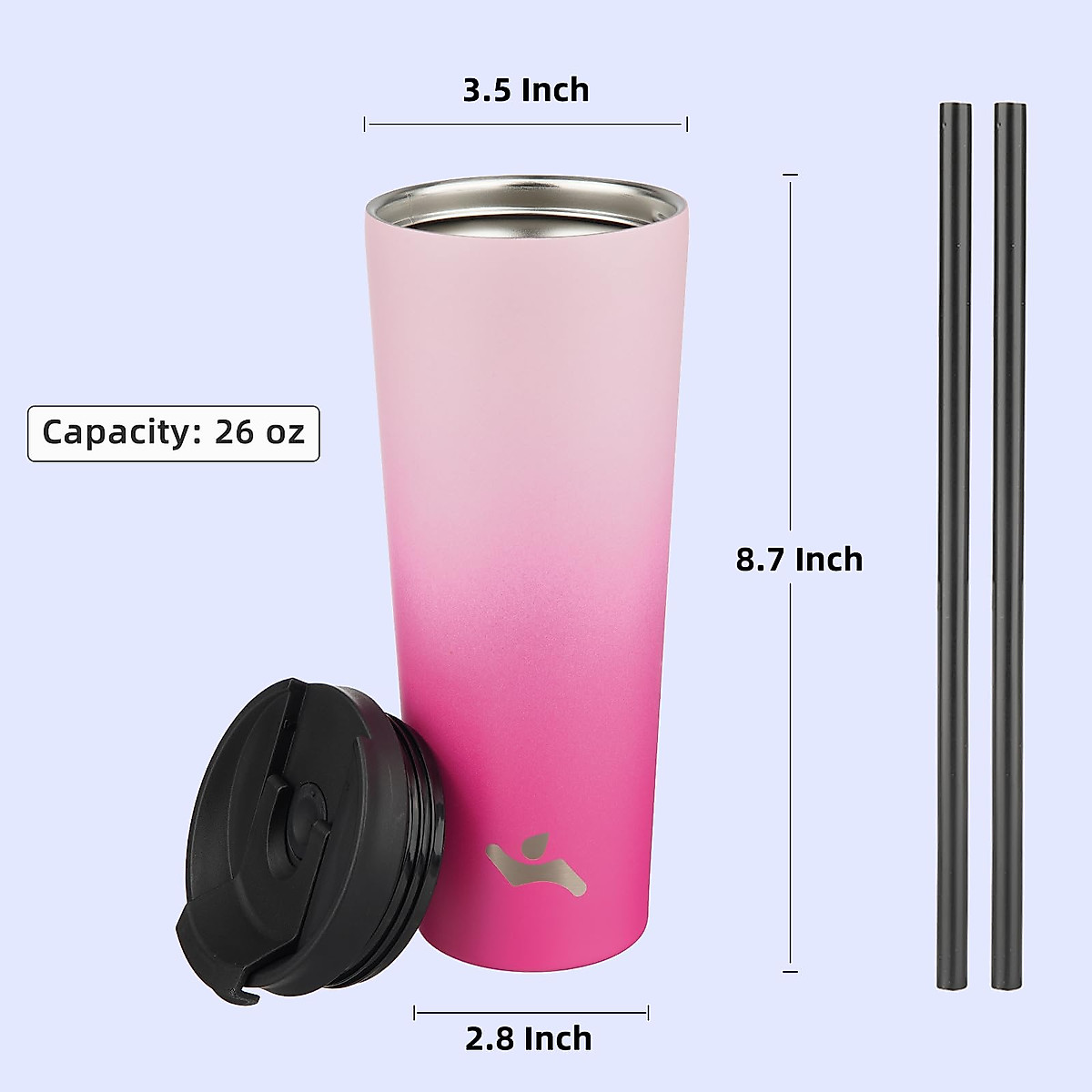 Konokyo 26 OZ Insulated Tumbler with Lid and 2 Straws Stainless Steel Water Bottle Vacuum Travel Mug Coffee Cup,Cherry
