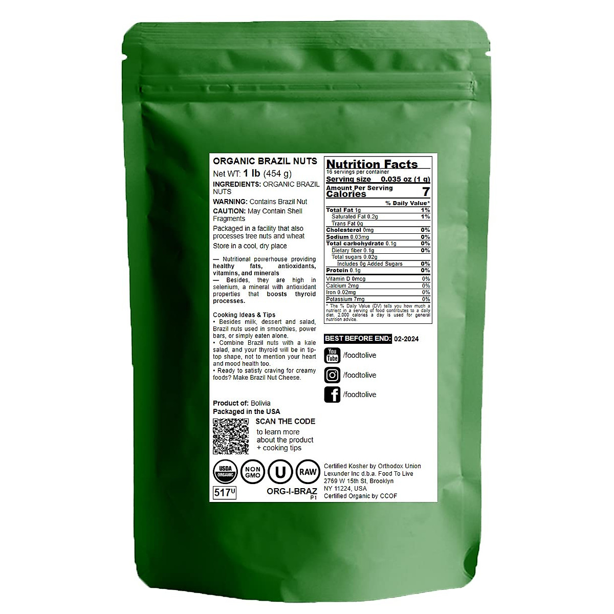 Food to Live - Organic Brazil Nuts, 1 Pound – Non-GMO, Raw, Whole, No Shell, Unsalted, Kosher, Vegan, Keto, Paleo Friendly, Bulk, Rich in Selenium