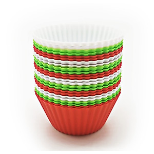 Silicone Cupcake Baking Cups - 24 Pieces Reusable, Muffin Liners, White, Red and Green, BPA Free, Dishwasher Safe MyFurtive Baking Cups, 100% Food Grade Premium Silicone