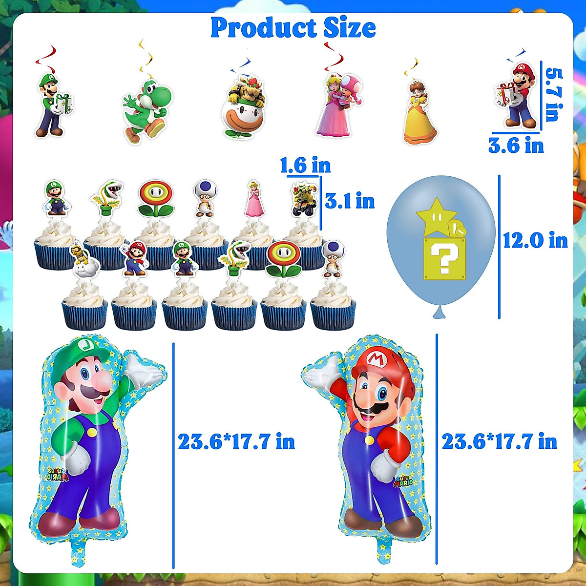 Mario Party Supplies Birthday Party Favors Super Mario Bros Birthday Decorations Include Banners, Backdrop,Tablecloth, Balloons, Cake Decoration, Cupcake Toppers, Hanging Swirls
