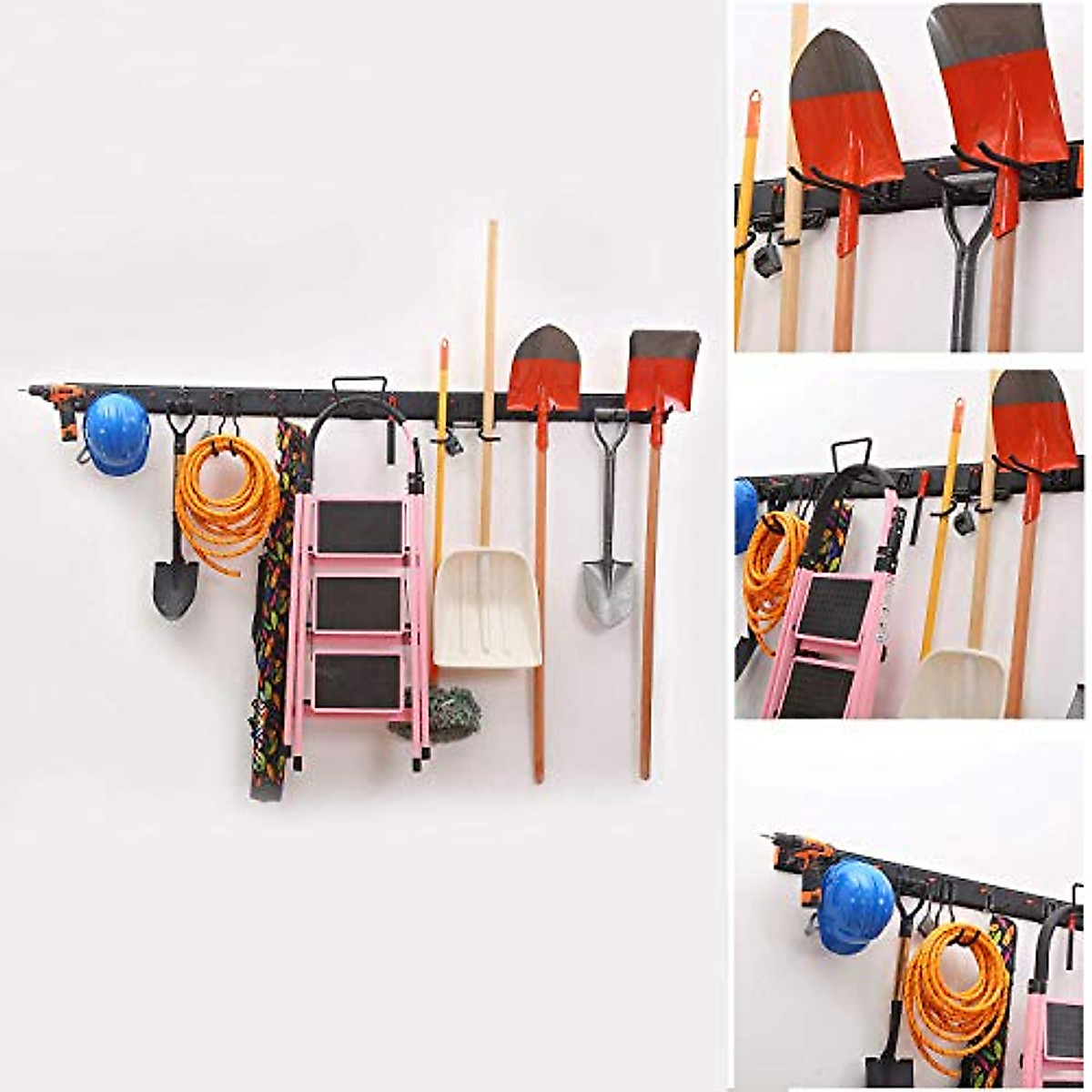 Homeon Wheels Tools Storage Rack system, for Room, Garage Organizer &Garden Organizer, Heavy-duty Solid and Easy to Install, Holds 10 hooks & Max 420 lbs, Holds Shovels, Rakes, Maps, Skis and Bikes