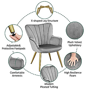 Yaheetech Velvet Accent Chair, Modern Vanity Chair Armchair with Wing Side and Metal Legs, Cozy and Soft Padded and High Back for Living Room/Home Office/Makeup/Bedroom, Light Gray