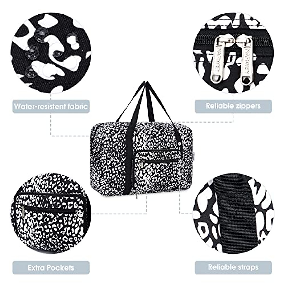 For Spirit Airlines Personal Item Bag 18x14x8 Foldable Travel Duffel Bag Tote Carry on Luggage for Women and Men (Black Leopard)