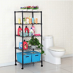 MAXMYE 5-Layer Iron Shelf, Shelving Storage Unit on 1.5'' Wheel Casters, Metal Organizer Wire Rack, Plastic Coated Storage Cabinet (35.43" x 13.78" x 65") for Living Bedroom/Kitchen/Office