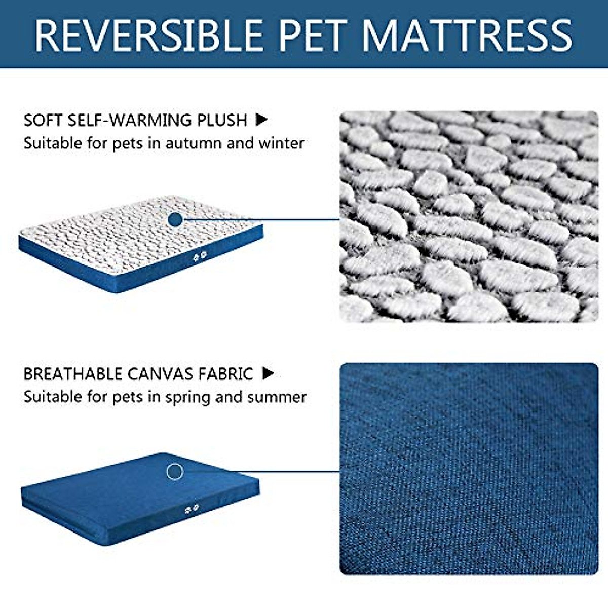 KROSER Dog Bed Crate Mat for Small, Medium, Large and Extra Large Cats, Stylish Dog Pad Mattress (Cool & Warm) with Waterproof Linings, Pet Mat with Removable Machine Washable Cover, Grey/Navy