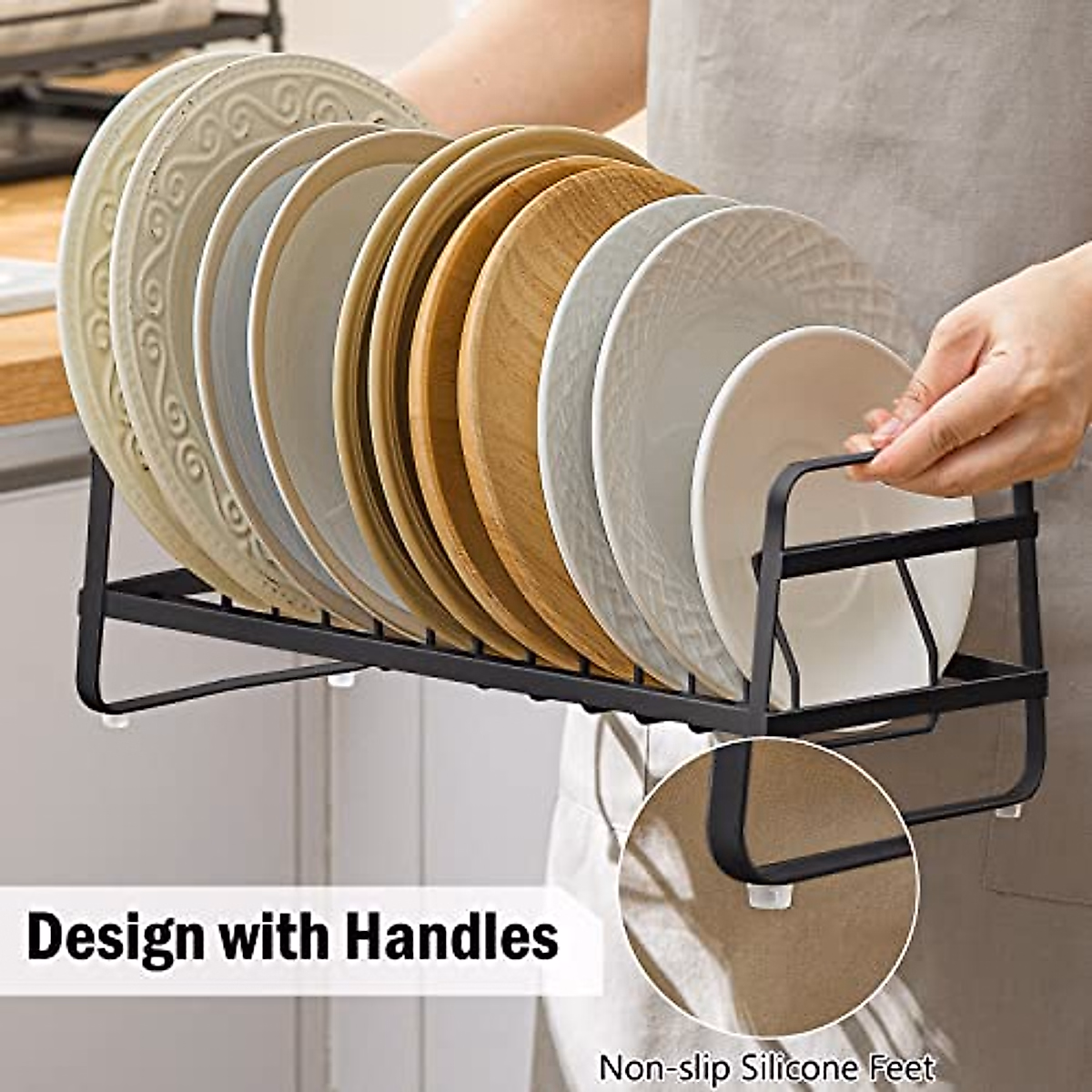 Poeland Dish Drying Rack with Drain Pan, Plate Pot Lid Holder and Dish Drainer for Kitchen Counter Cabinet