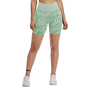 YEOREO Women Seamless Camo Workout Shorts High Waisted Gym Yoga Workout Sage Green M