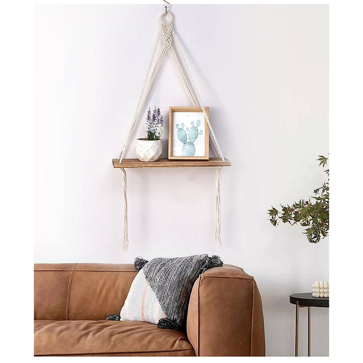 DD-life Macrame Rope Triangle Shelf Wooden Wall Hanging Shelves Macrame Hanging Shelf Farmhouse Rustic Modern Plant Aesthetic for Room Nursery Bathroom Living Room College Dorm Room