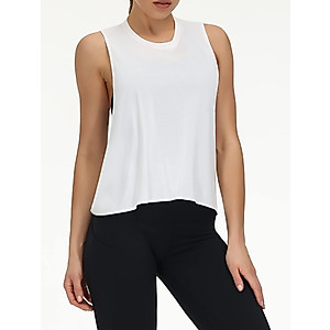 THE GYM PEOPLE Women's Open Cross Back Workout Tank Tops Loose Fit Sleeveless Yoga Running Shirts White