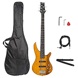 Bass Glarry GIB Electric 5 String Bass Guitar Full Size Bag Strap Pick Connector Wrench Tool Transparent Yellow