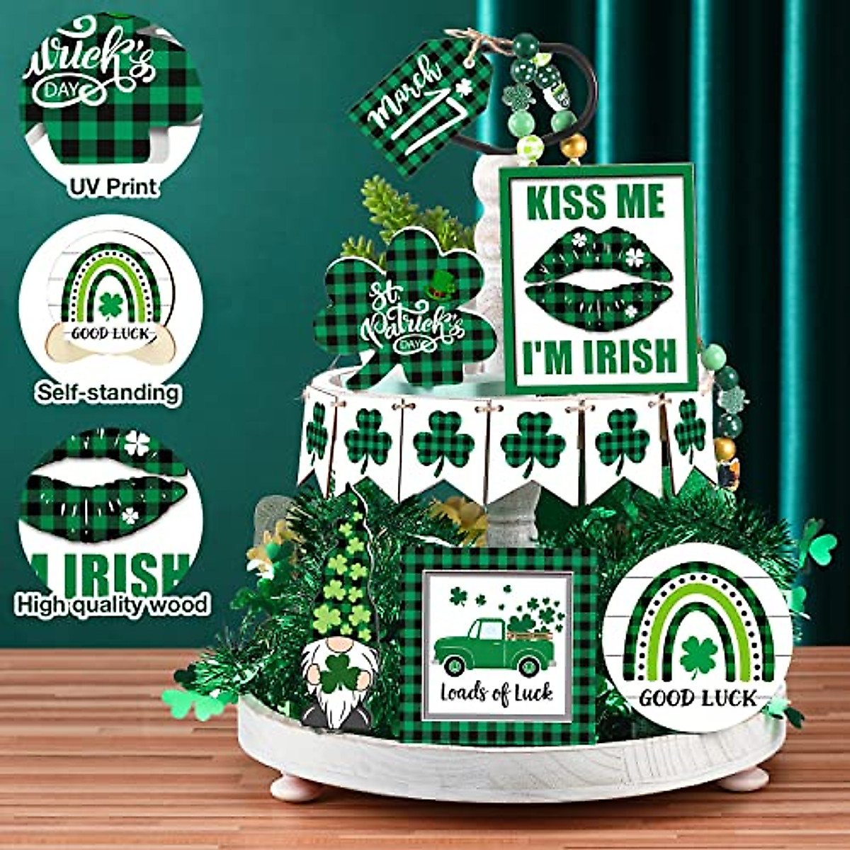 12 Pieces St. Patrick's Day Tiered Tray Decor Buffalo Plaid Table Wooden Sign Decorations Gnome Tabletop Heart Sign Decor for St. Patrick's Day Party Home Kitchen Holiday