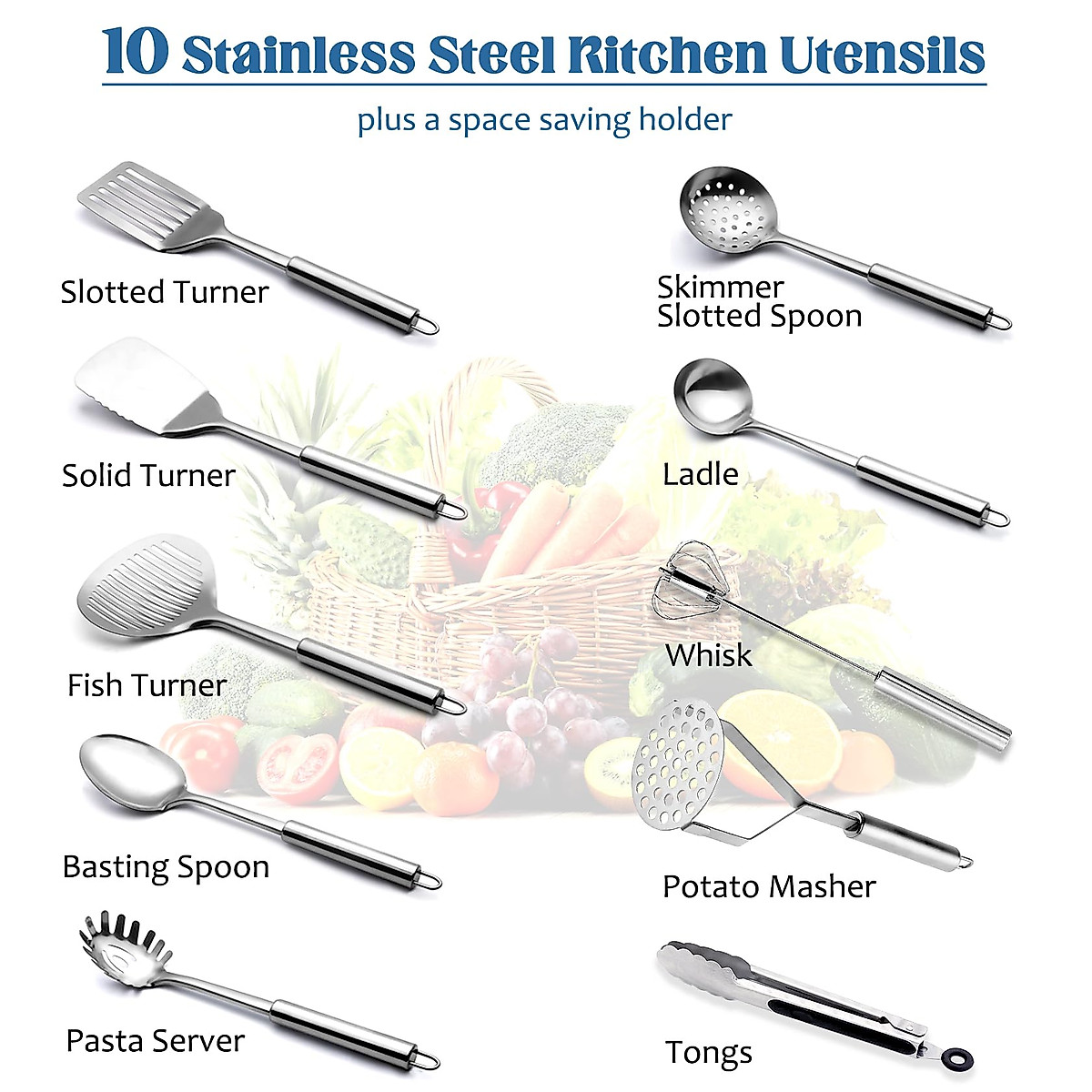 Stainless Steel Kitchen Utensils Set - 11pcs Cooking Utensils Set, Utensil Set with Holder for Cooking, Heat Resistant Kitchen Utensils Sets with Potato Masher, Skimmer, Spoons, Turners, Whisk, Tongs