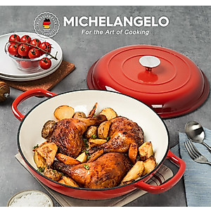MICHELANGELO Braiser Enameled Cast Iron, 3.5 Quart Braiser Pan with Lid, Nonstick Braiser with Silicone Pads for Heat Insulation, Oven Safe Cast Iron Pan-Cherry Red