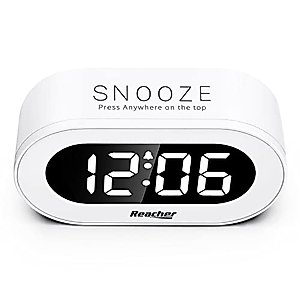 REACHER Small LED Digital Alarm Clock with Snooze, Simple to Operate, Full Range Brightness Dimmer, Adjustable Alarm Volume, Outlet Powered Compact Clock for Bedrooms, Bedside, Desk, Shelf(White)